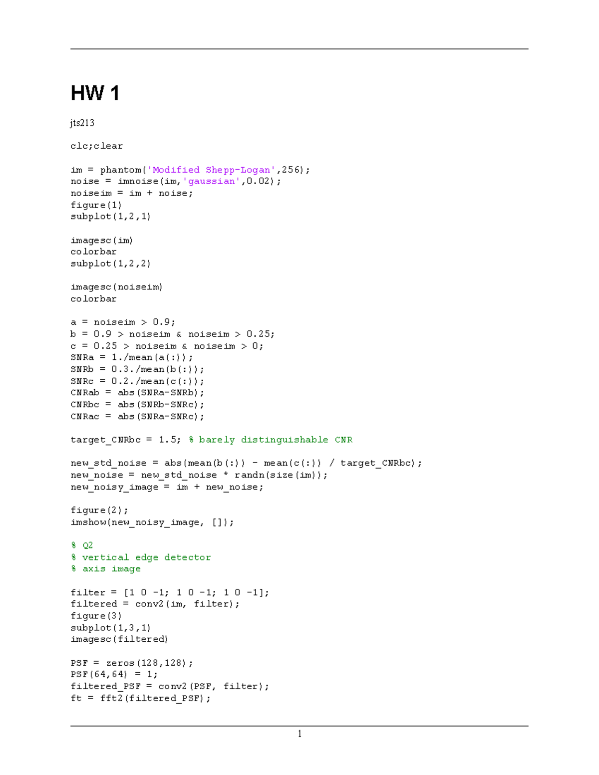 HW1 imag - homework assignment MATLAB - HW 1 jts clc;clear im = phantom('Modified Shepp-Logan ...