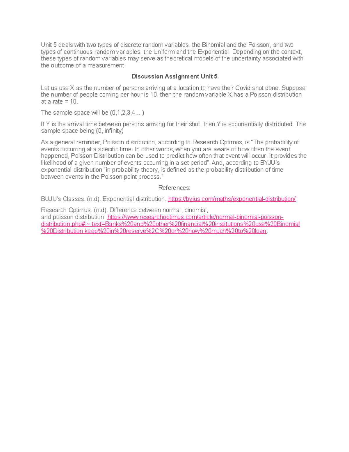 Math 1280 Discussion Unit 5 - Unit 5 deals with two types of discrete ...