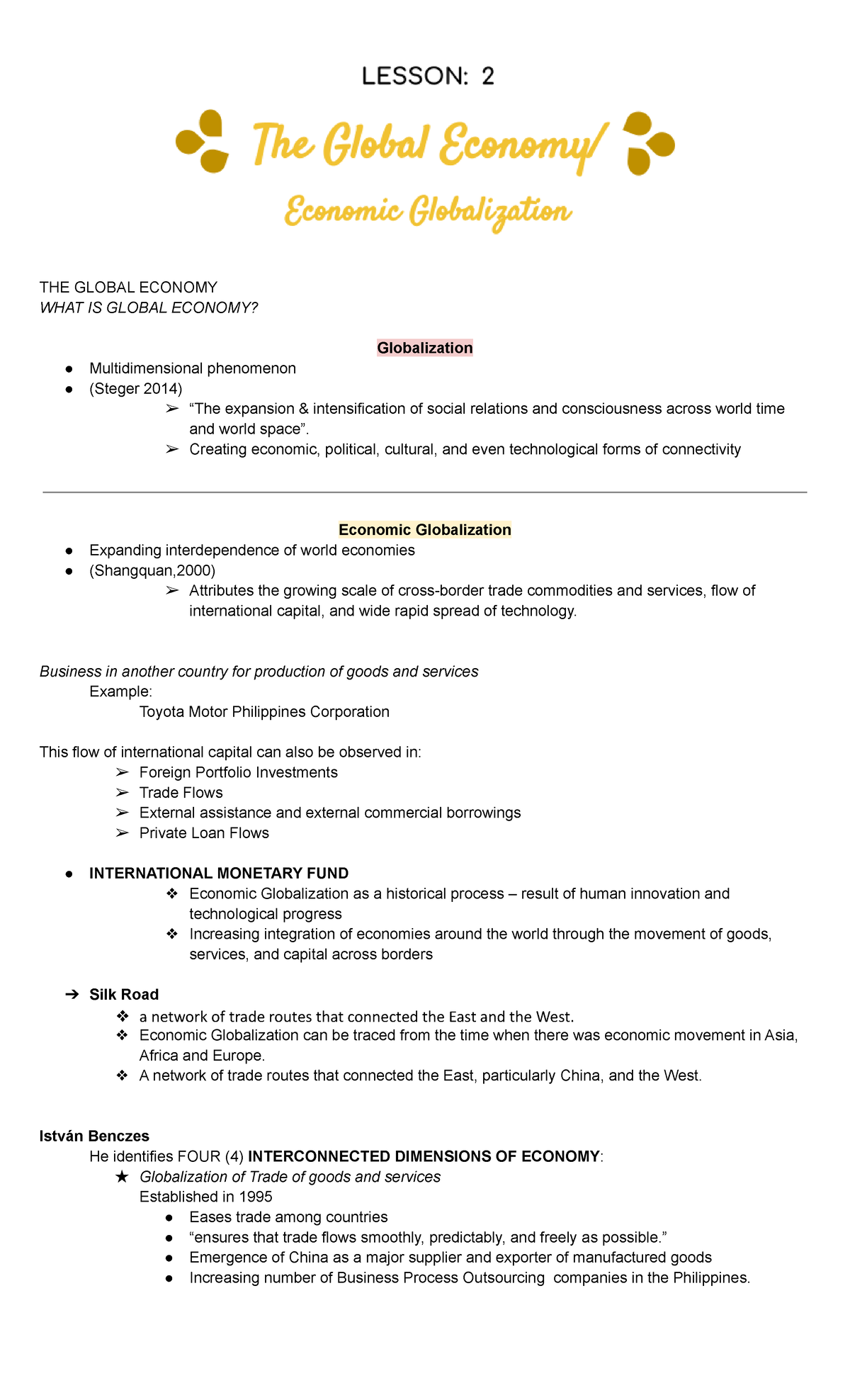 Contemporary World Prelim Notes 2 - THE GLOBAL ECONOMY WHAT IS GLOBAL ...