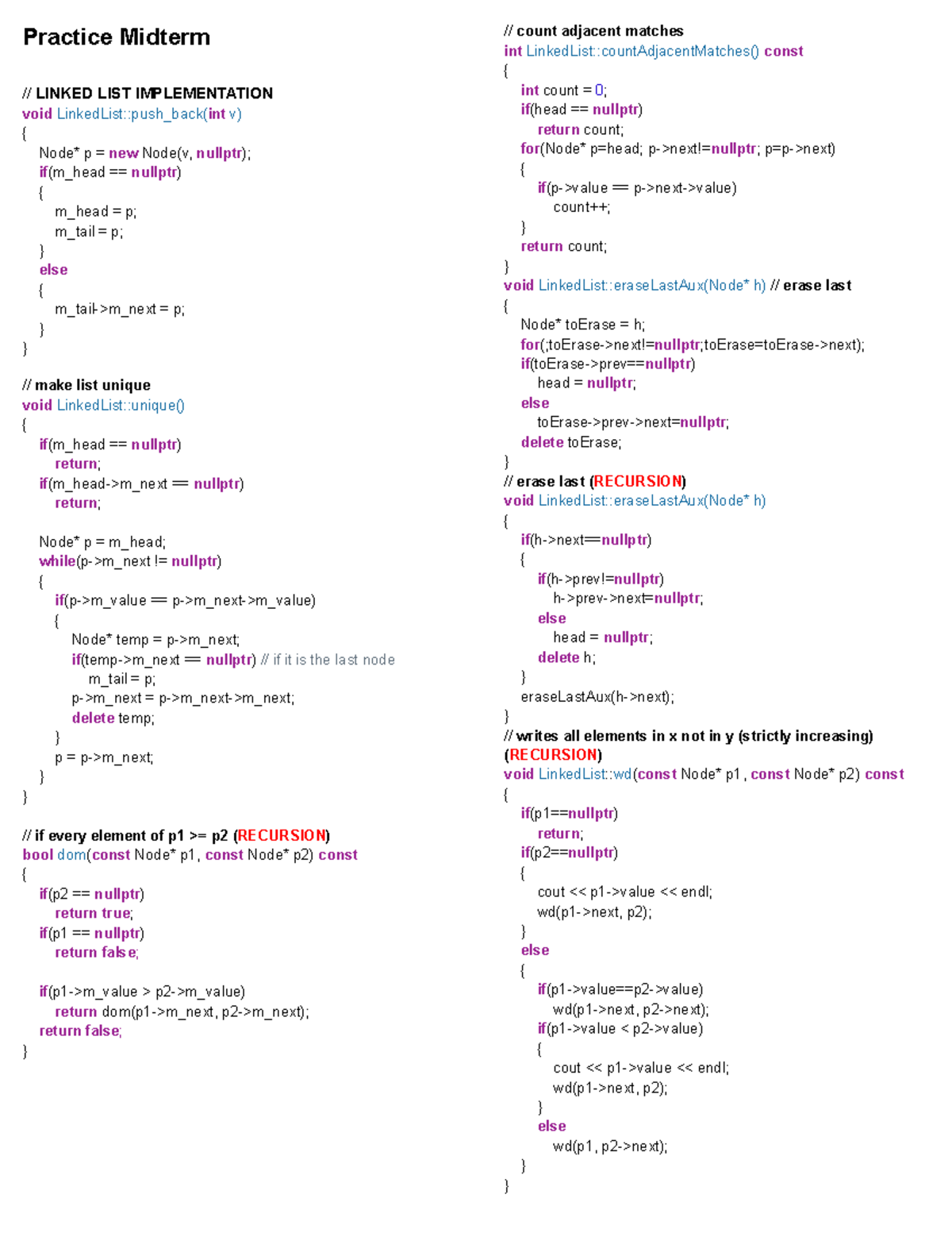 Practice Midterm Summary - Practice Midterm // LINKED LIST IMPLEMENTATION void - Studocu