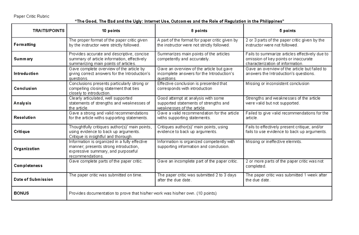 Paper-Critic-Rubric - rubrics - Paper Critic Rubric “The Good, The Bad ...