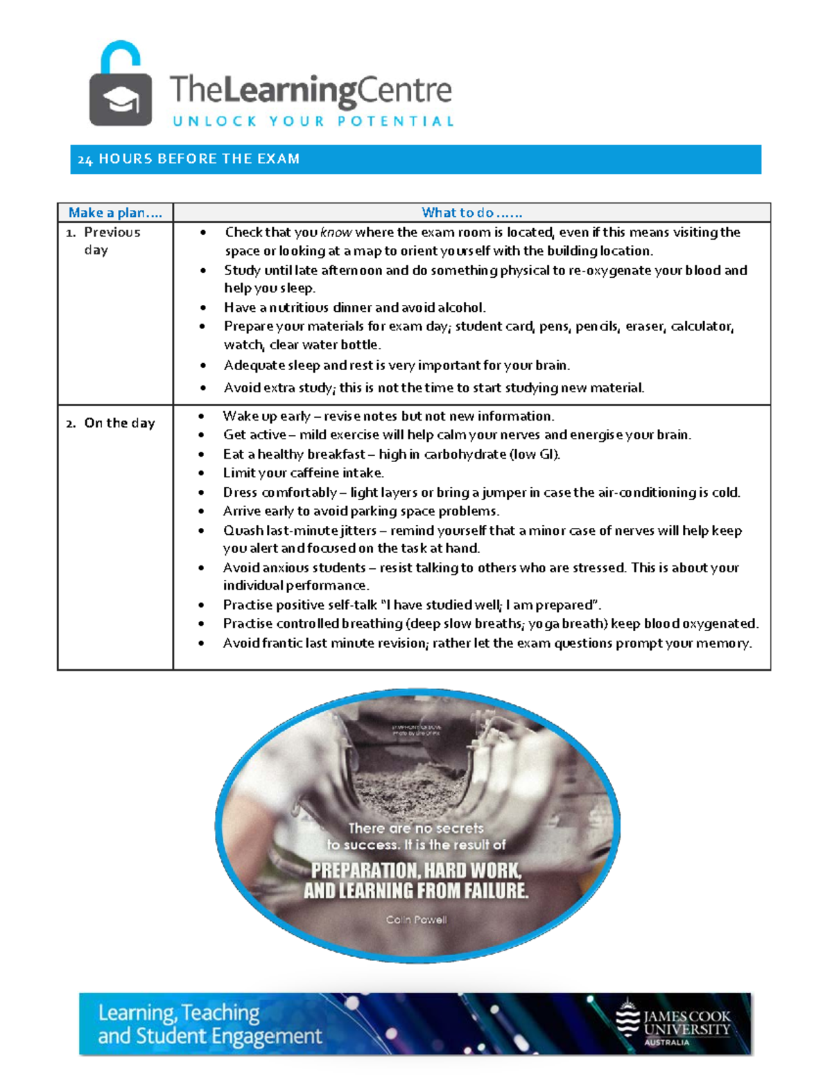 24 hours before exams - practice - 24 HOURS BEFORE THE EXAM Make a plan ...