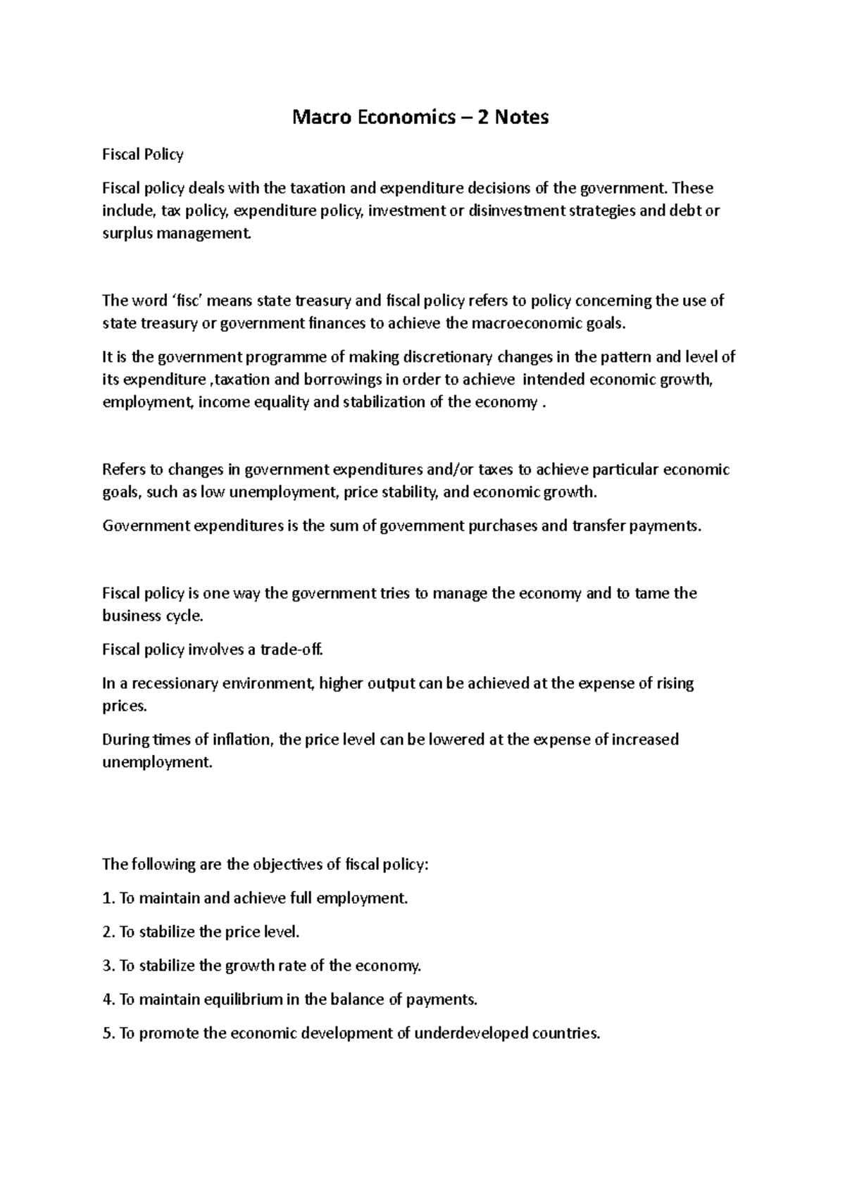 Macro Economics - 2 Notes - Macro Economics – 2 Notes Fiscal Policy ...