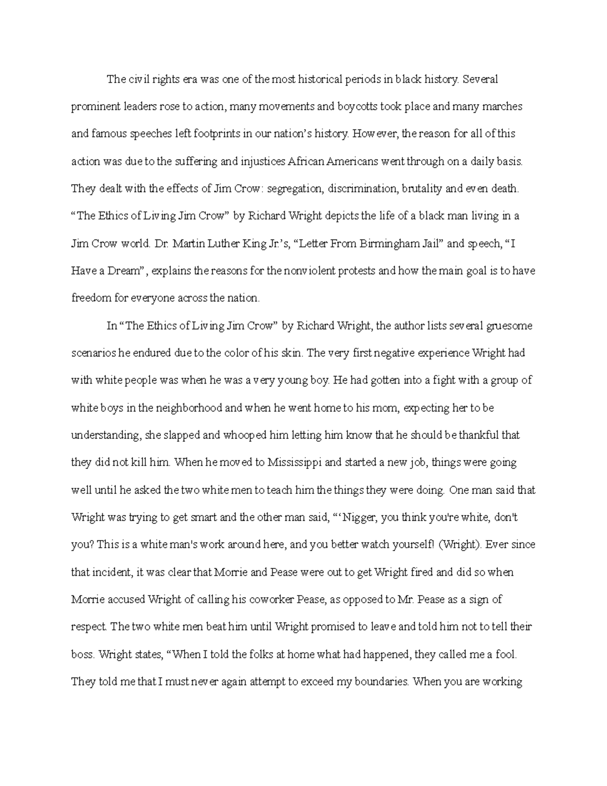 Reading Response 4 - The civil rights era was one of the most ...