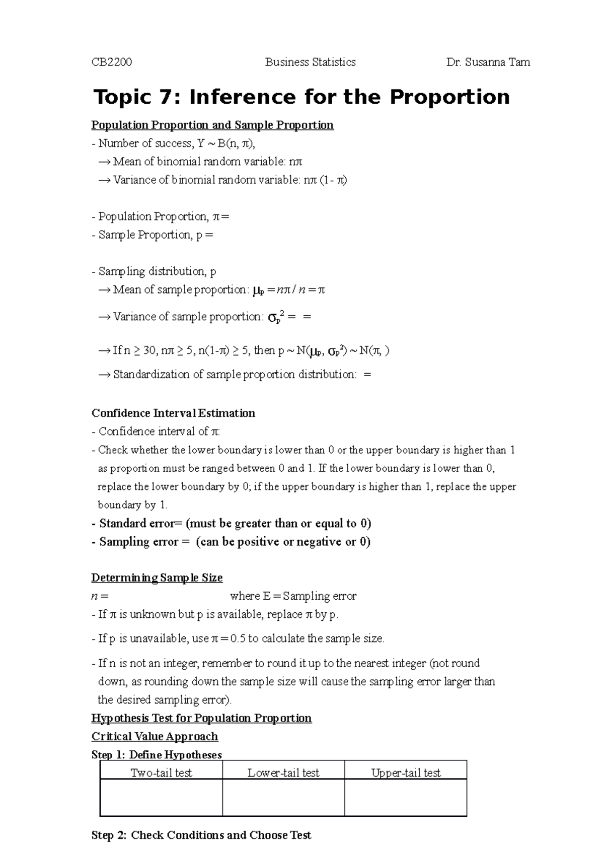 Topic 7 Summary - CB2200 Business Statistics Dr. Susanna Tam Topic 7 ...