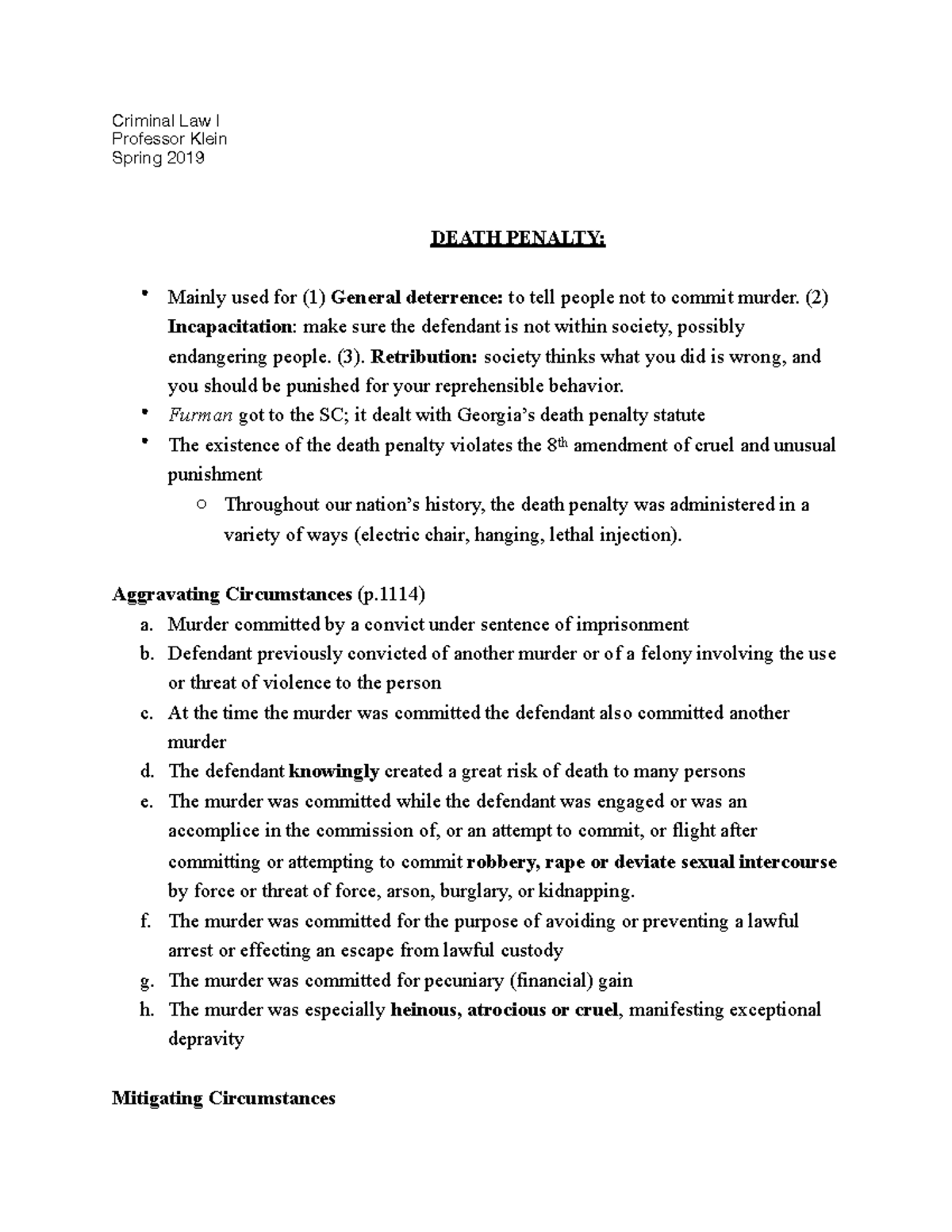 Death Penalty Analysis - Criminal Law I Professor Klein Spring 2019 ...