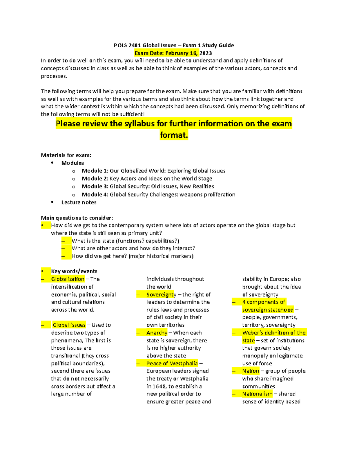 Study Guide 1 - POLS 2401 Global Issues – Exam 1 Study Guide Exam Date ...