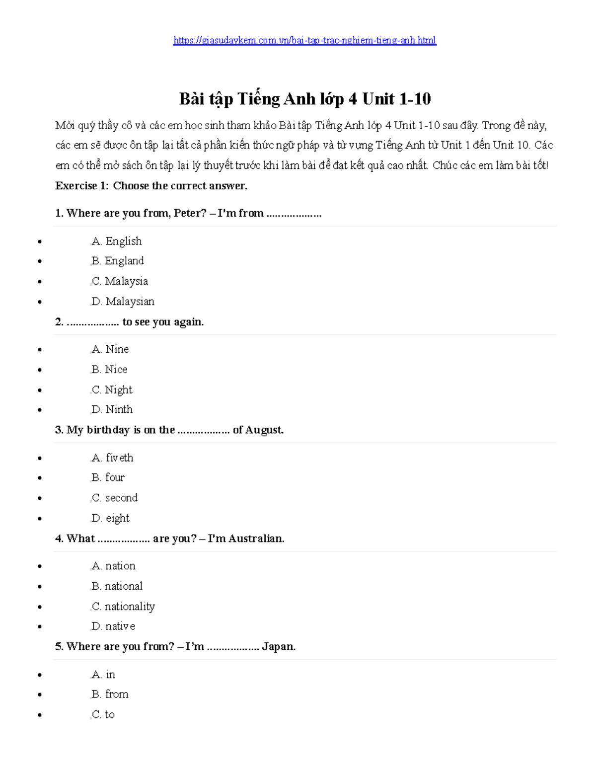 Bai tap tieng anh lop 4 unit 1 10 bai tap tieng anh lop 4 unit 1 10 - Bài tập Tiếng Anh lớp 4 ...