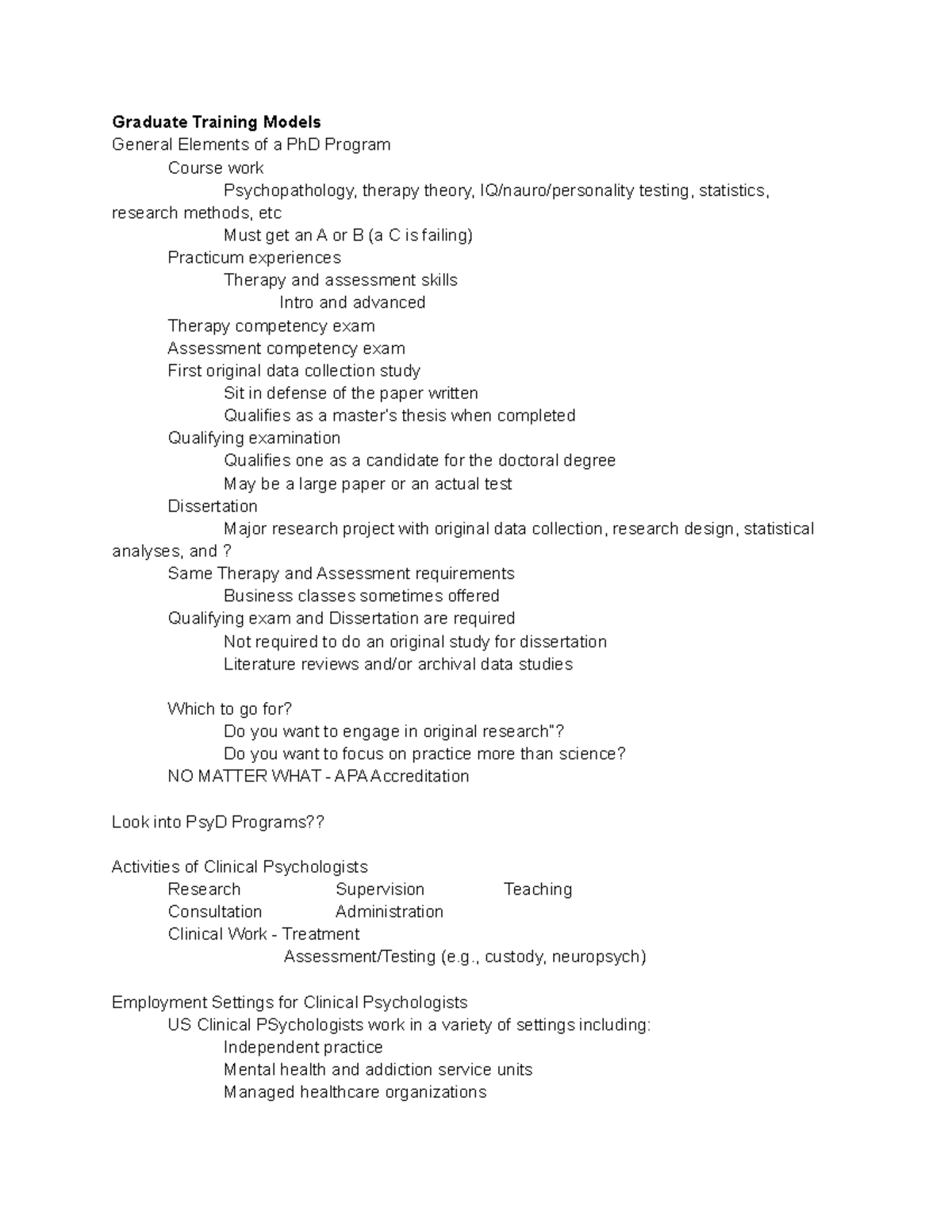 PSYCH 348 - Graduate Training Models - Graduate Training Models General ...
