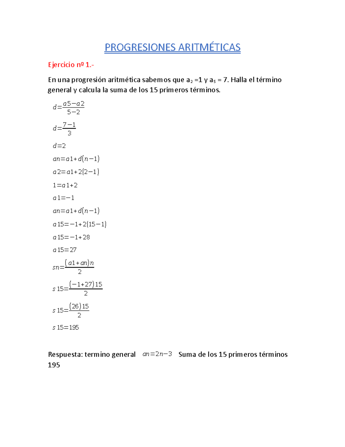 Progresiones Aritméticas 2020 - PROGRESIONES ARITMÉTICAS Ejercicio nº 1 ...