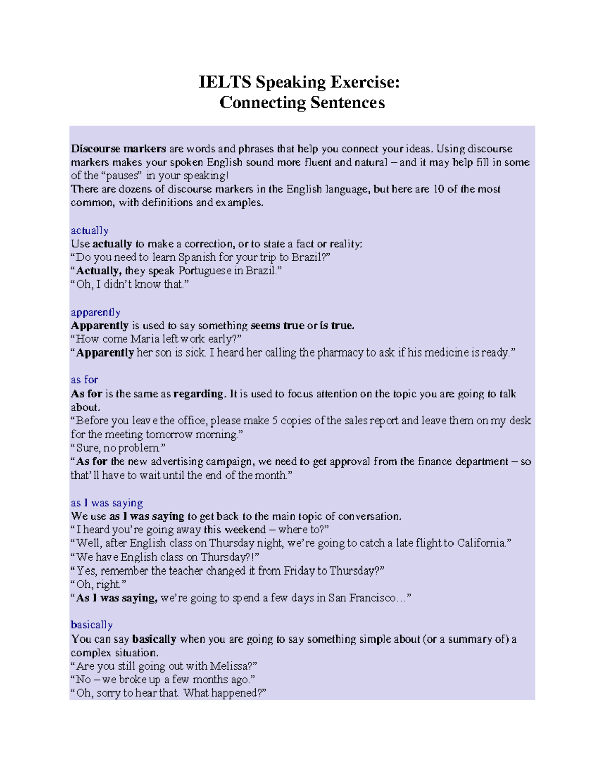 Connector for writing - IELTS Speaking Exercise: Connecting Sentences ...