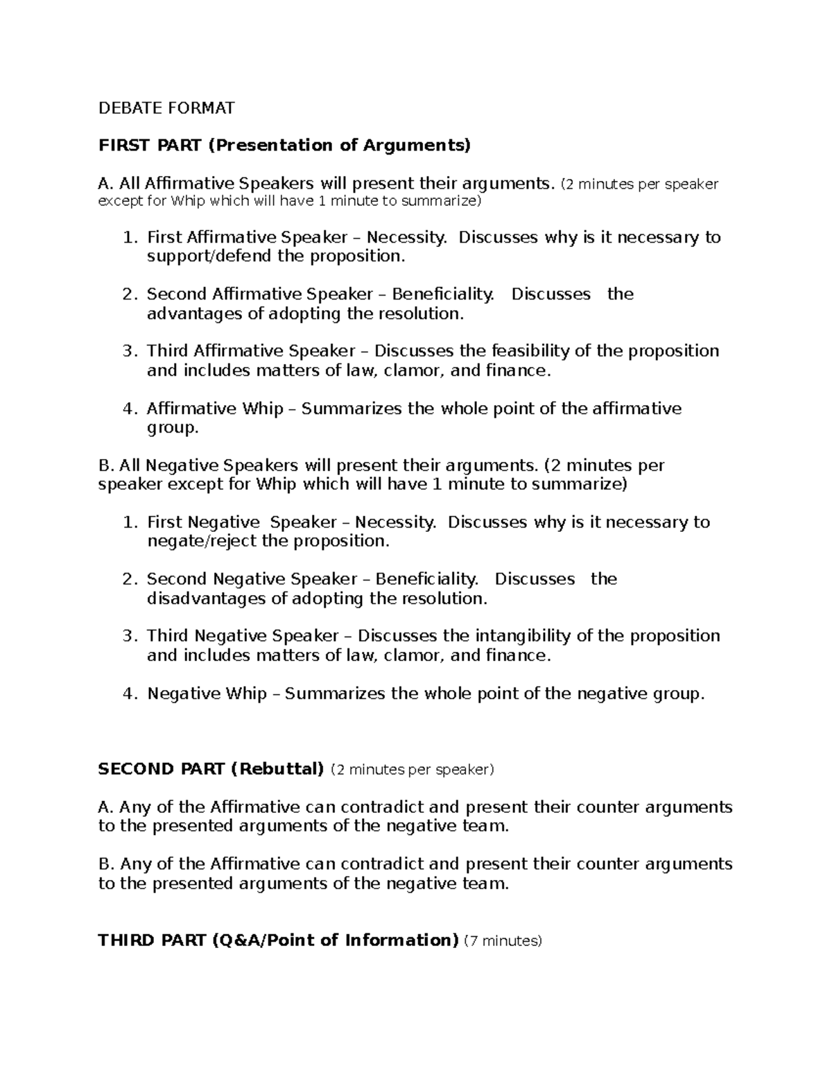 Debate- Format - DEBATE FORMAT FIRST PART (Presentation of Arguments) A ...