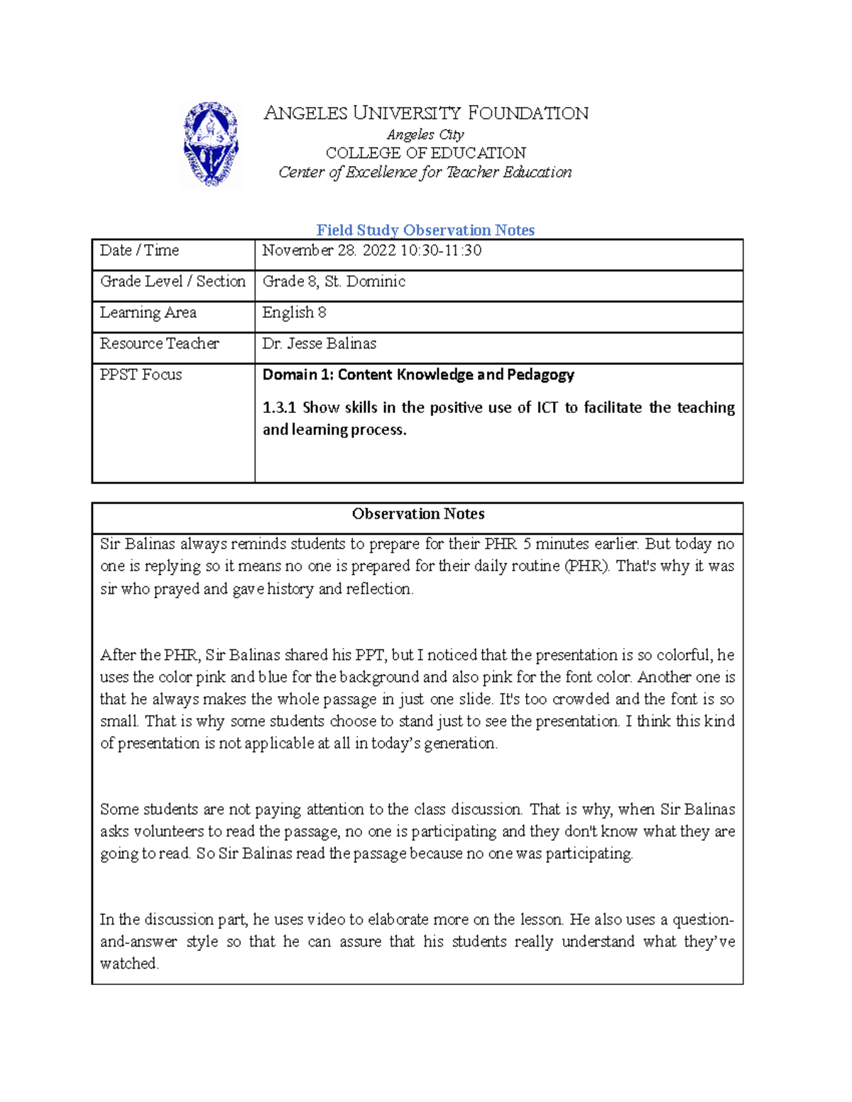 FIELD STUDY 2 worksheet - ANGELES UNIVERSITY FOUNDATION Angeles City ...