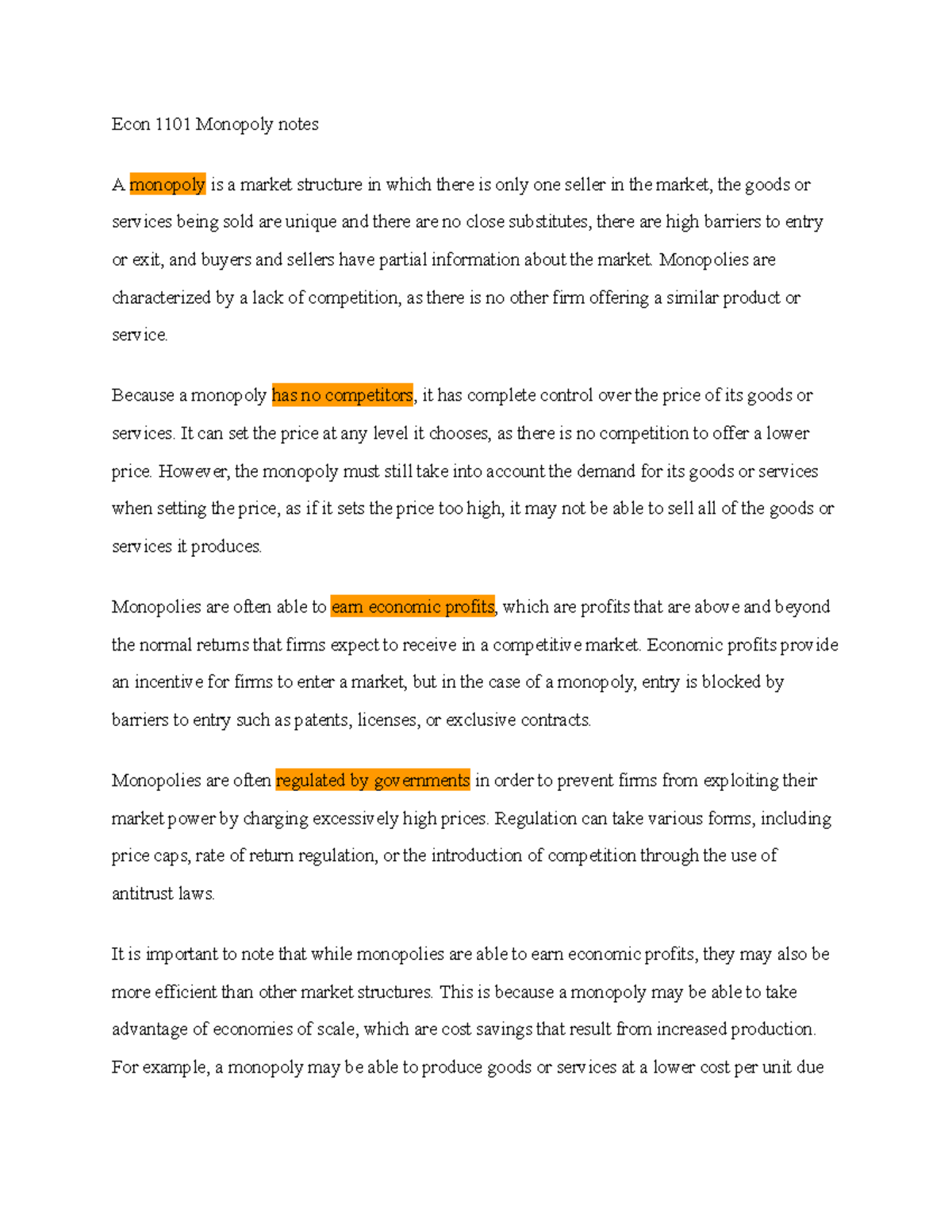 Monopoly Econ 1101 Lecture Notes Econ 1101 Monopoly Notes A