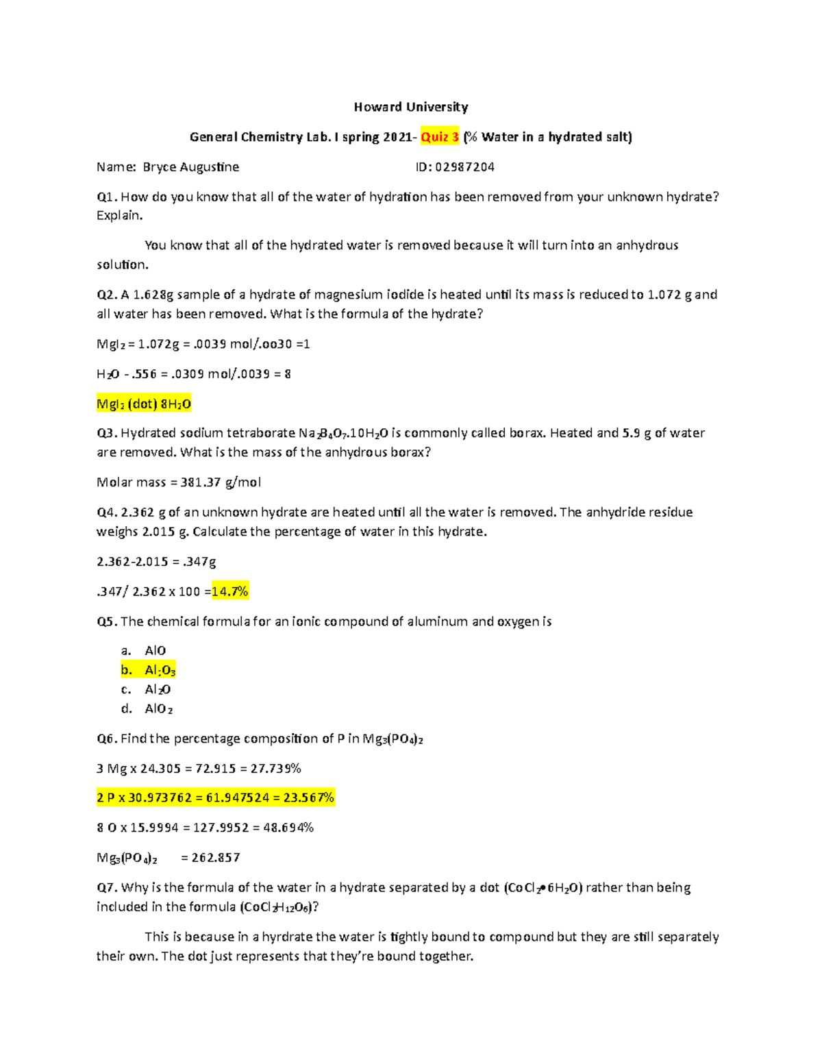 Highlighted quiz 3 - quiz help - Howard University General Chemistry ...