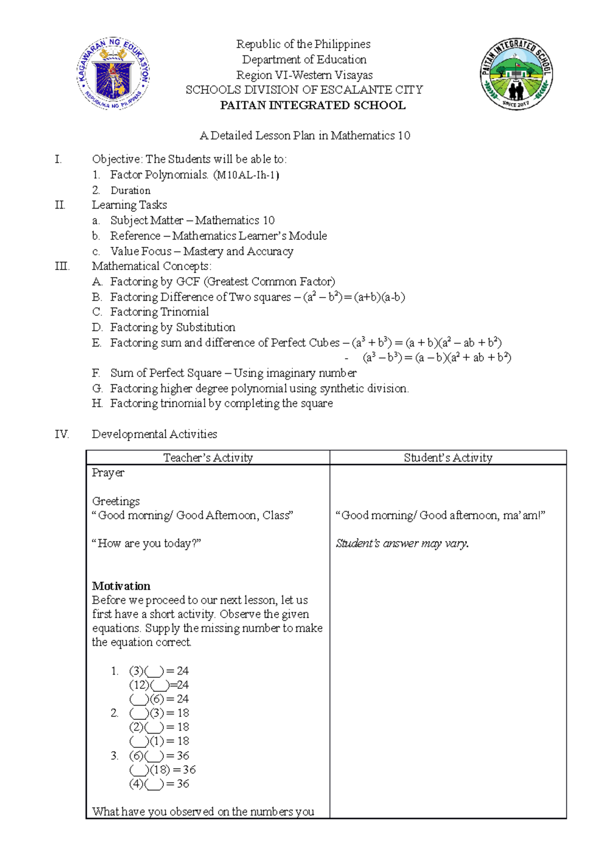 Detailed Lesson plan in Mathematics 10 - Objective: The Students will ...