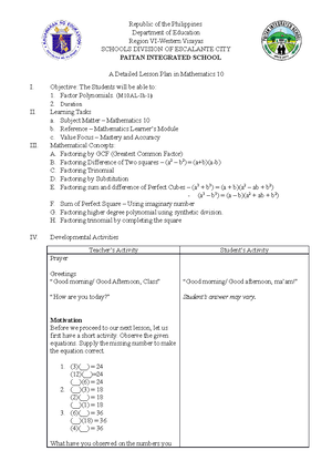 DLP-MATH-10 - A DETAILED LESSON PLAN IN GRADE 10 MATHEMATICS I ...