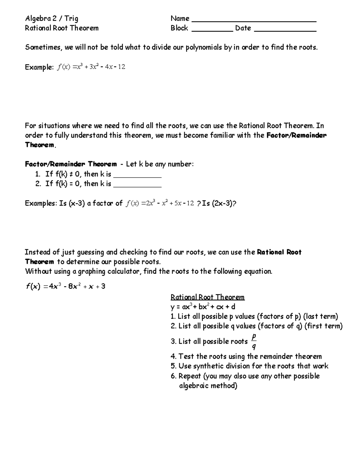Day 5 - Worksheet - Rational Root Theorem - Algebra 2 / Trig Name ...
