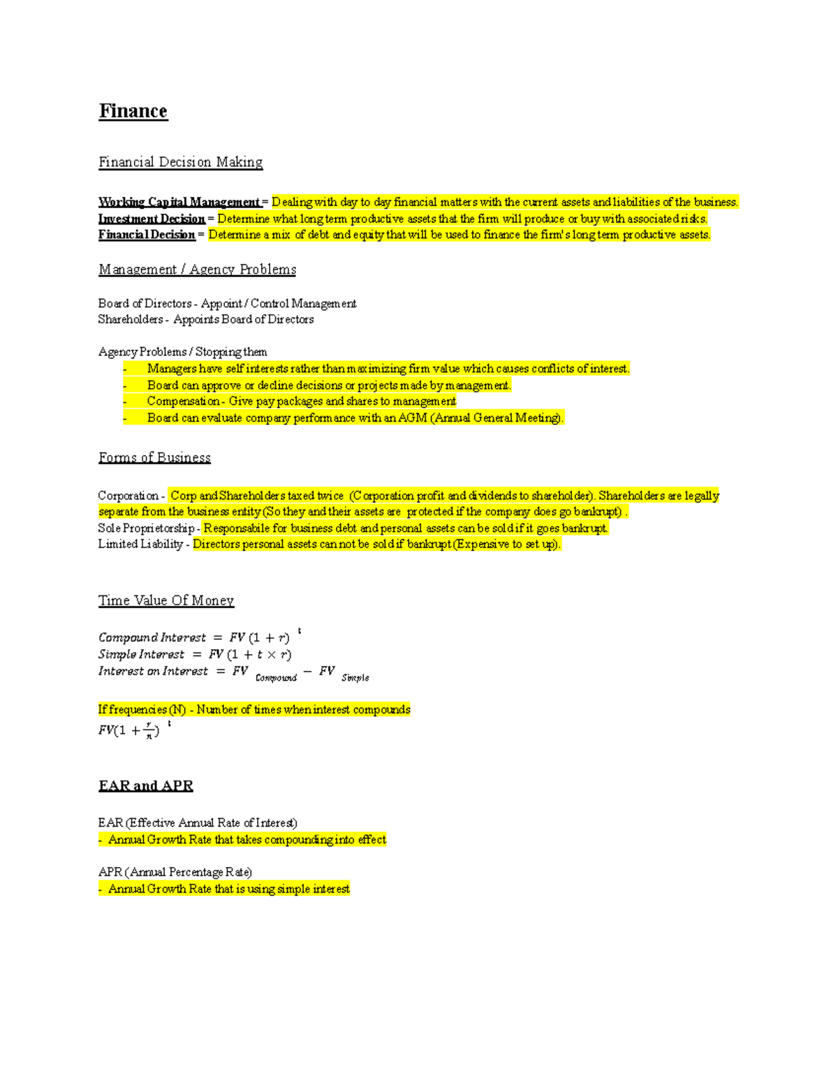 Finance Cheat Sheet - Finance Financial Decision Making Working Capital ...