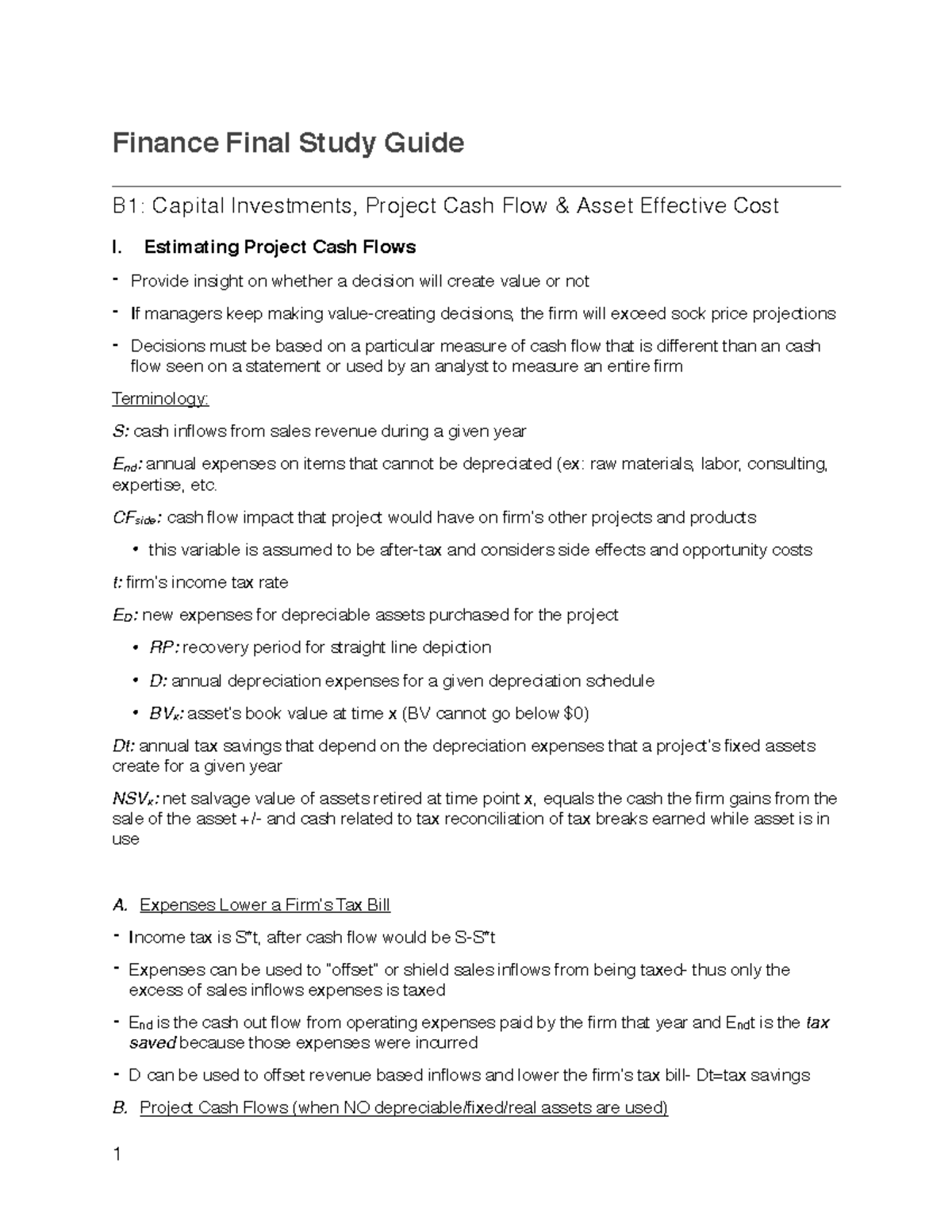 Finance Final Study Guide - Estimating Project Cash Flows Provide ...