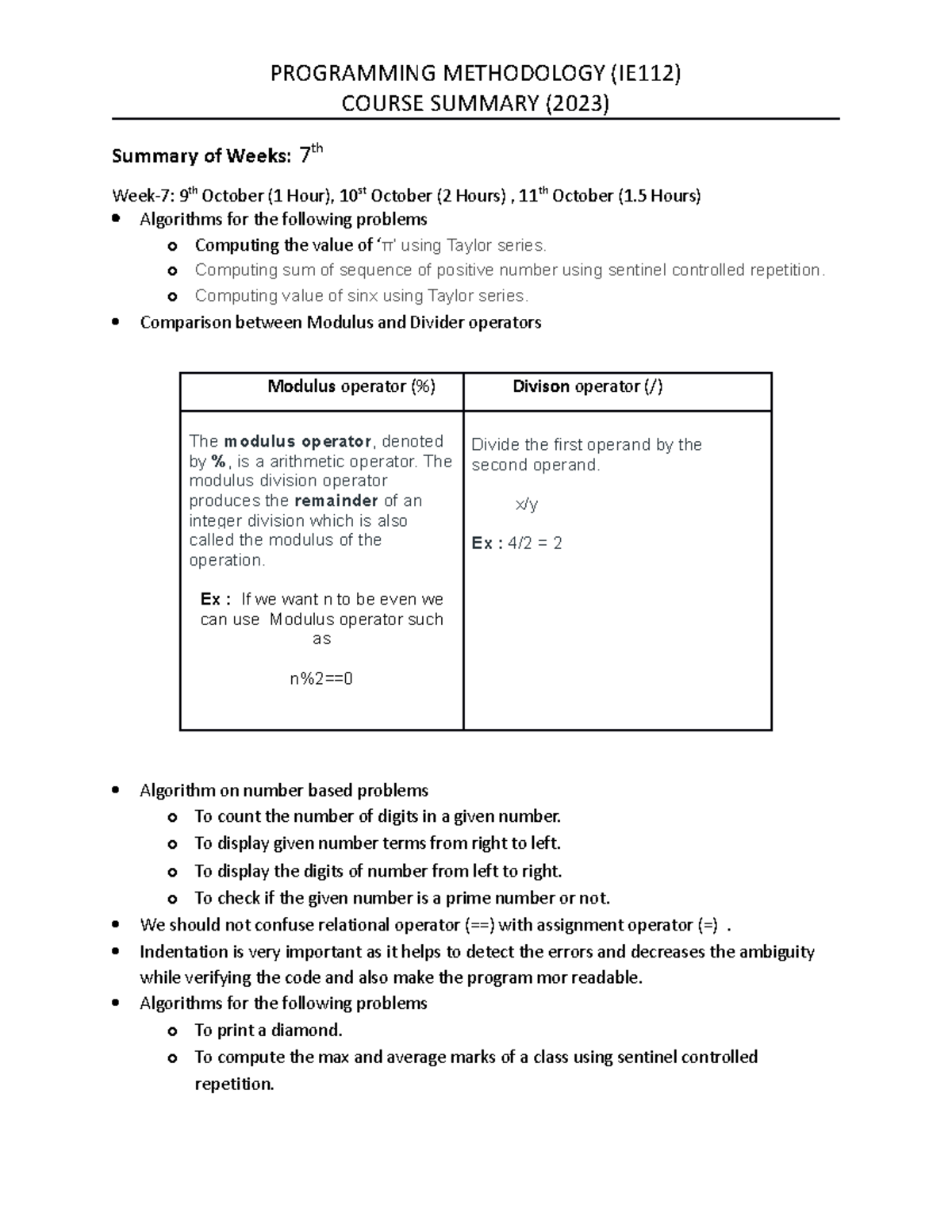 PM 7th WEEK Summary - PROGRAMMING METHODOLOGY (IE112) COURSE SUMMARY (2023) Summary of Weeks: 7 ...
