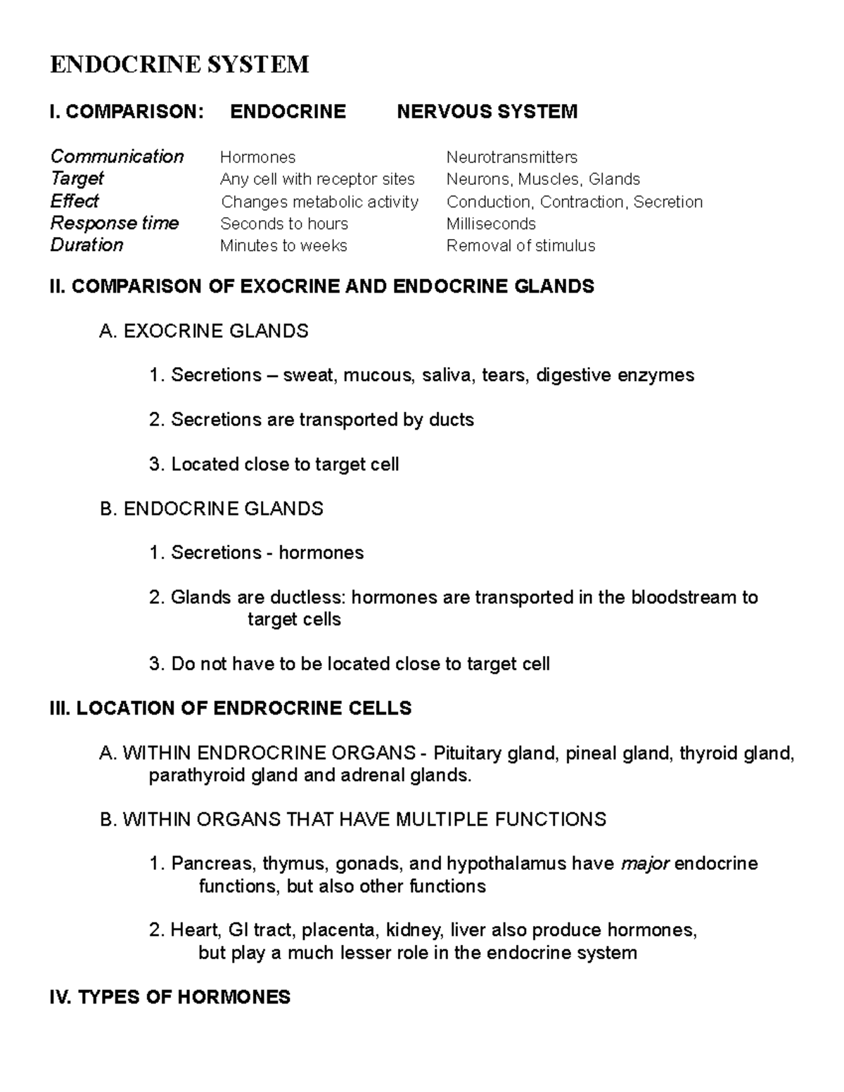Endocrine System- updated - ENDOCRINE SYSTEM I. COMPARISON: ENDOCRINE ...