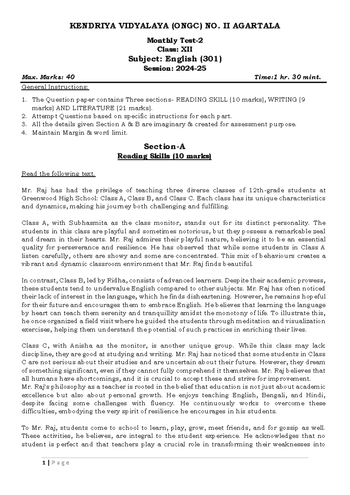 English monthly test 2 class 12 - KENDRIYA VIDYALAYA (ONGC) NO. II ...