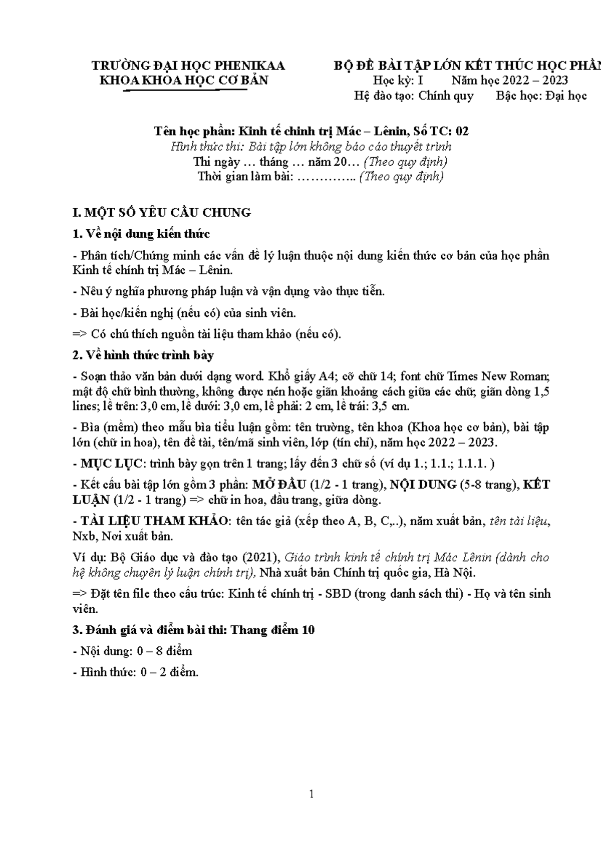 28.11.2022. K15 KTCT. ĐỀ BÀI TẬP LỚN - TRƯỜNG ĐẠI HỌC PHENIKAA KHOA KHOA HỌC CƠ BẢN BỘ ĐỀ BÀI ...