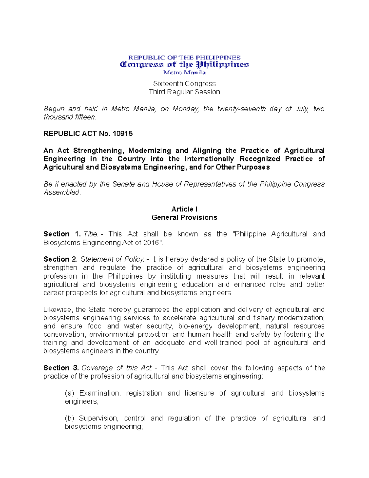 RA-10915 - study this one - Sixteenth Congress Third Regular Session ...