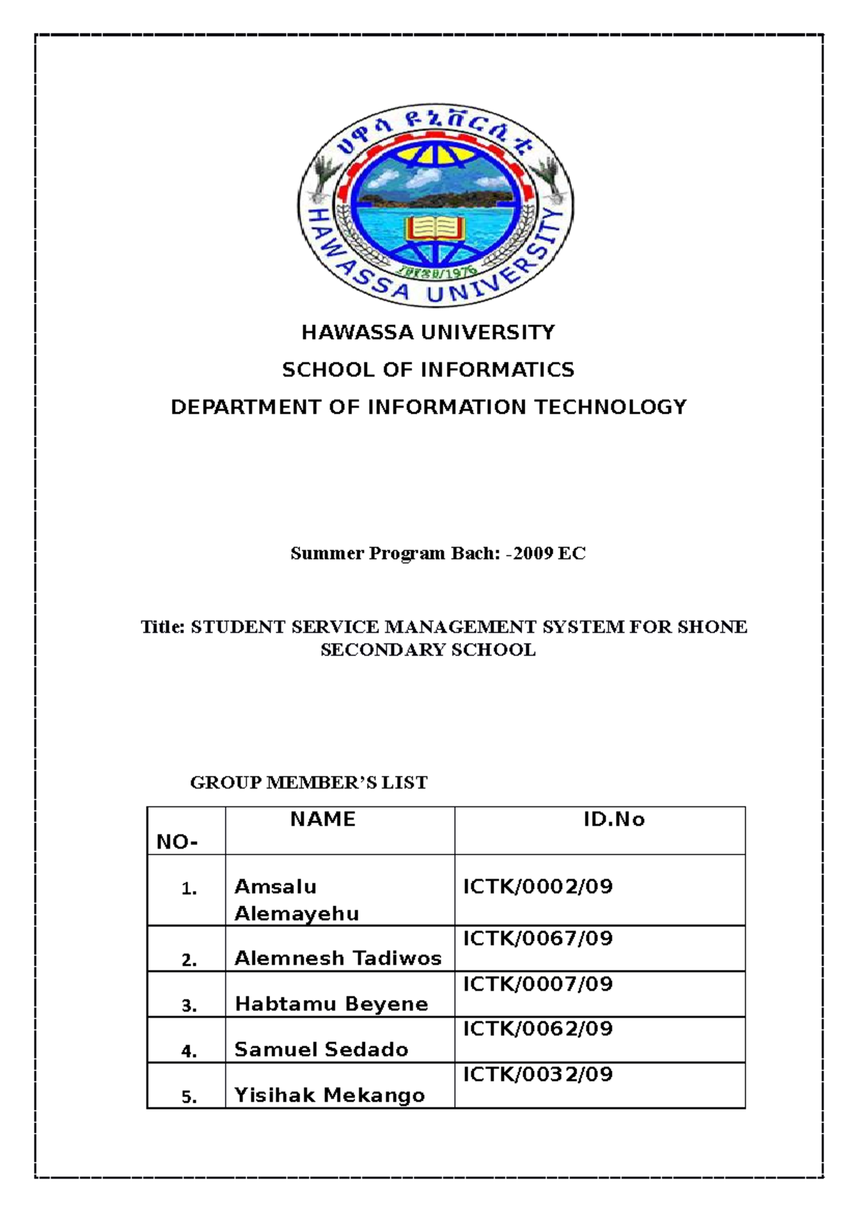 Shone secondary school student service management system proposal - HAWASSA UNIVERSITY SCHOOL OF ...
