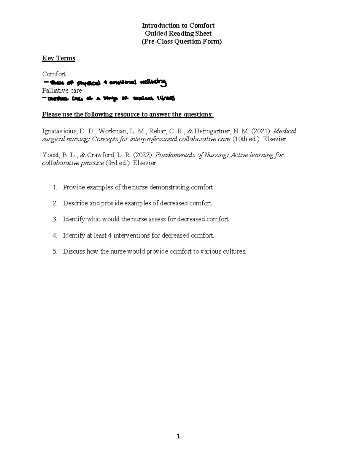 GR Comfort - Introduction to Comfort Guided Reading Sheet (Pre-Class ...
