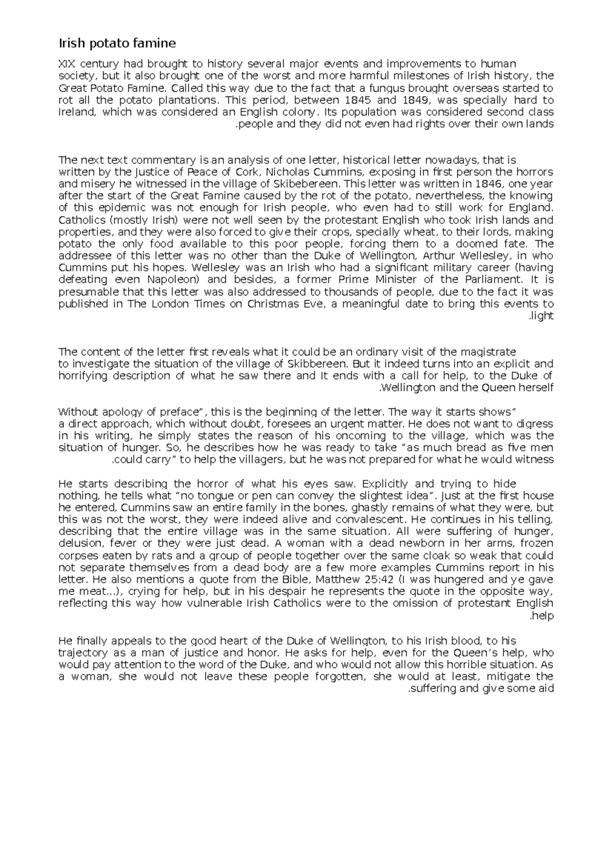 (text analysis) Irish Potato Famine - Irish potato famine XIX century ...