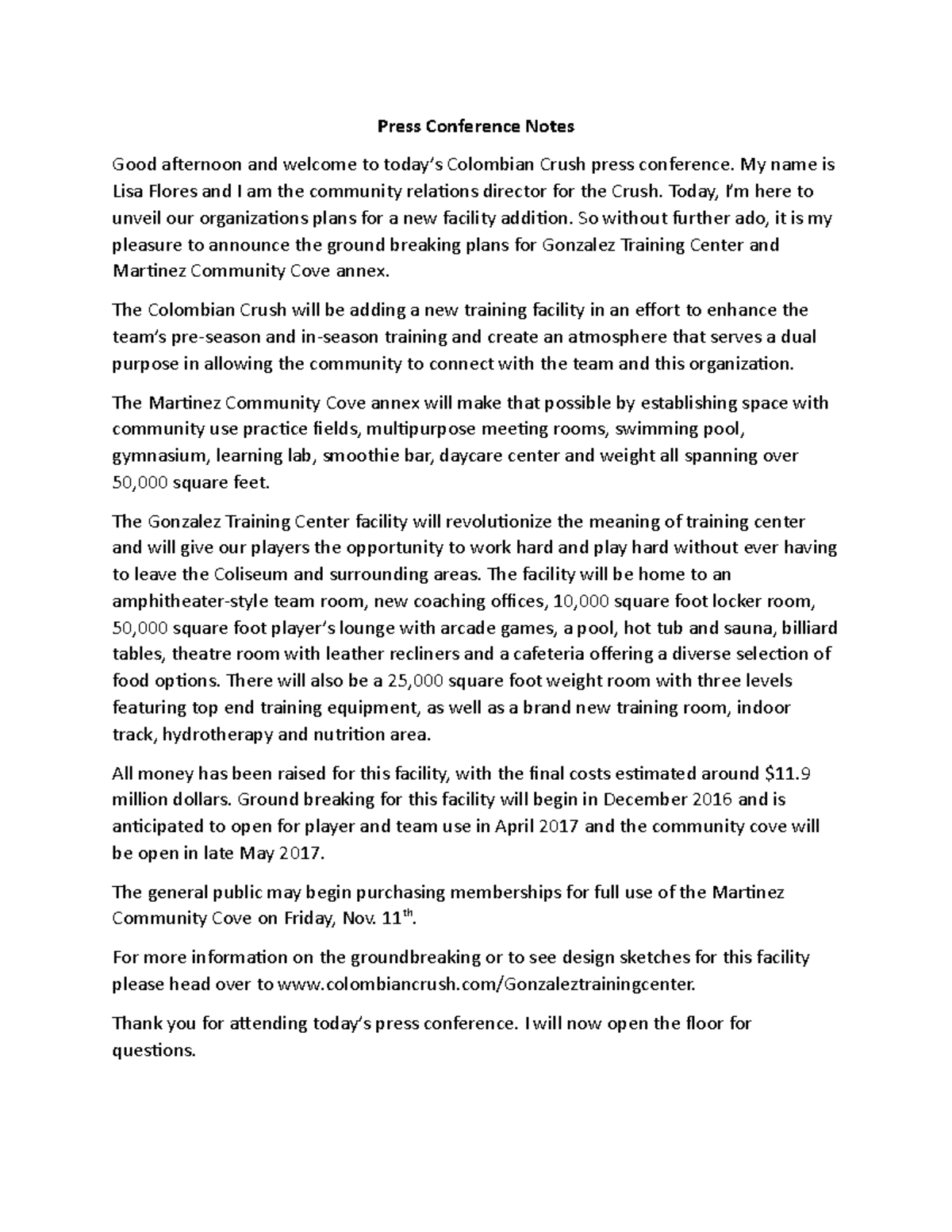 Press Conference Notes - Sport Communication & Media - Press Conference ...