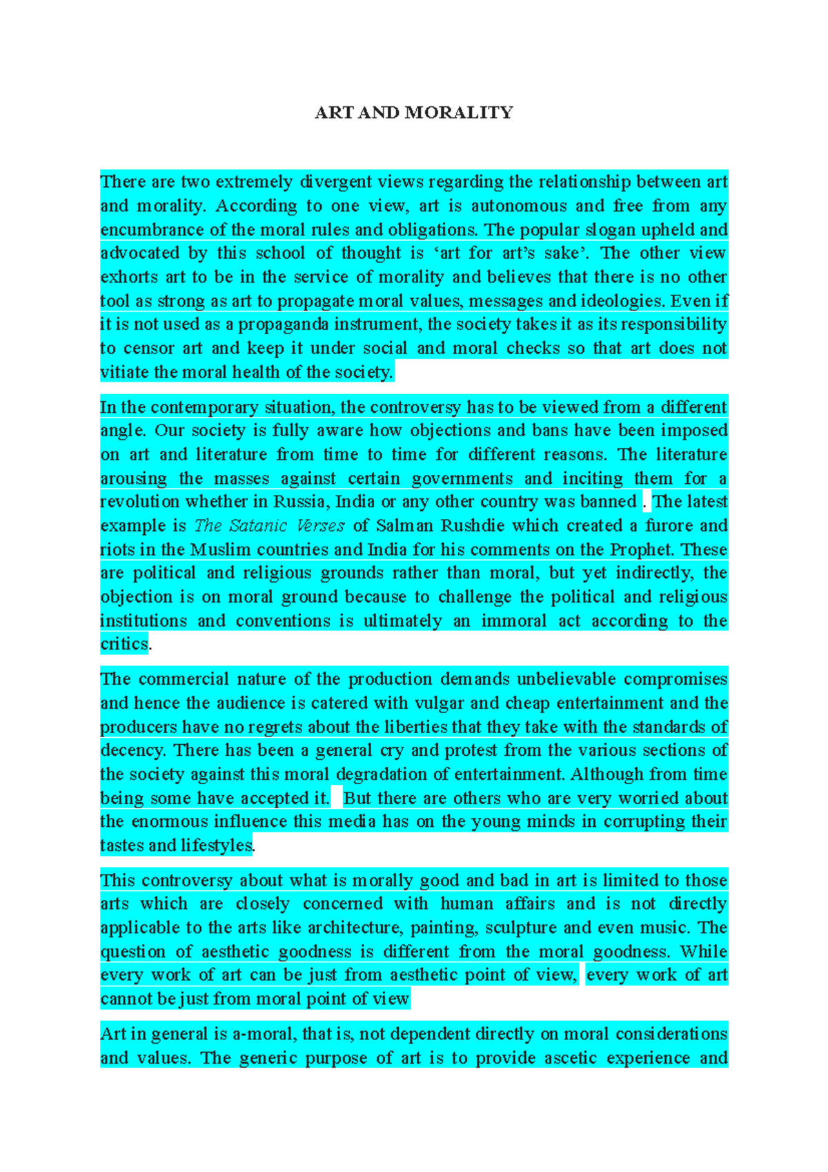 Art&morality- ART&FILM APPRECIATION - ART AND MORALITY There are two ...