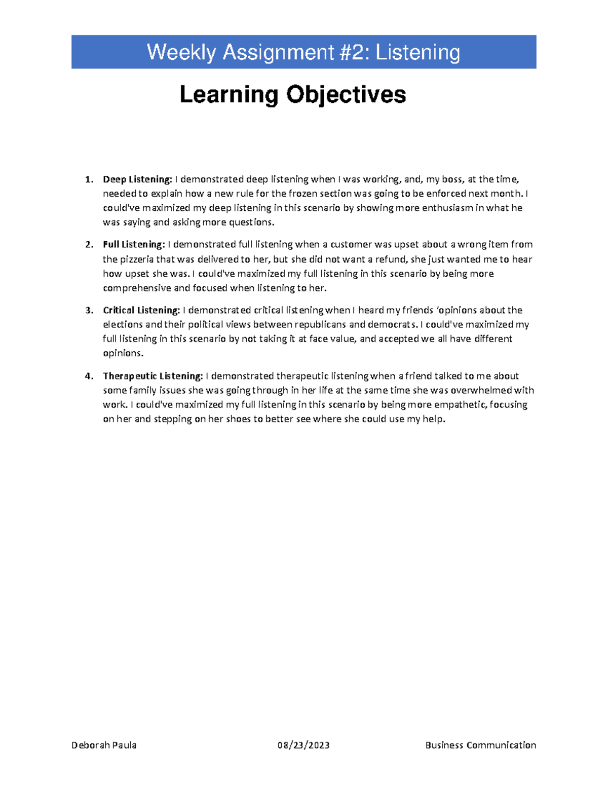 Deep Listening PDF - Learning Objectives Deborah Paula 08/23/2023 ...