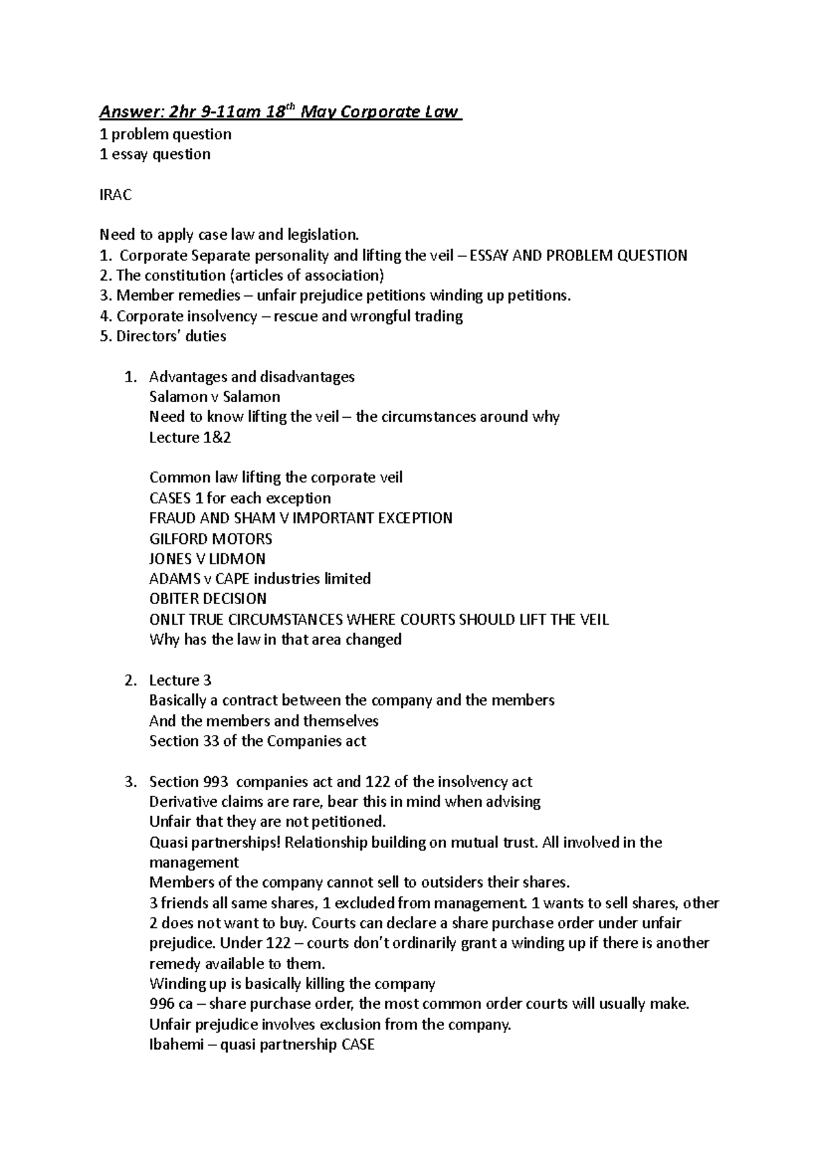 Corporate Law REvison - ..... - Answer: 2hr 9-11am 18th May Corporate ...