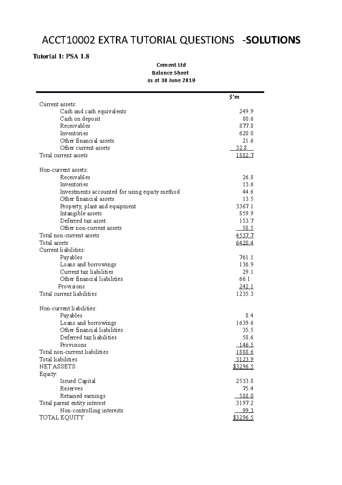 Extra tutorial questions Solutions - ACCT10002 EXTRA TUTORIAL QUESTIONS ...