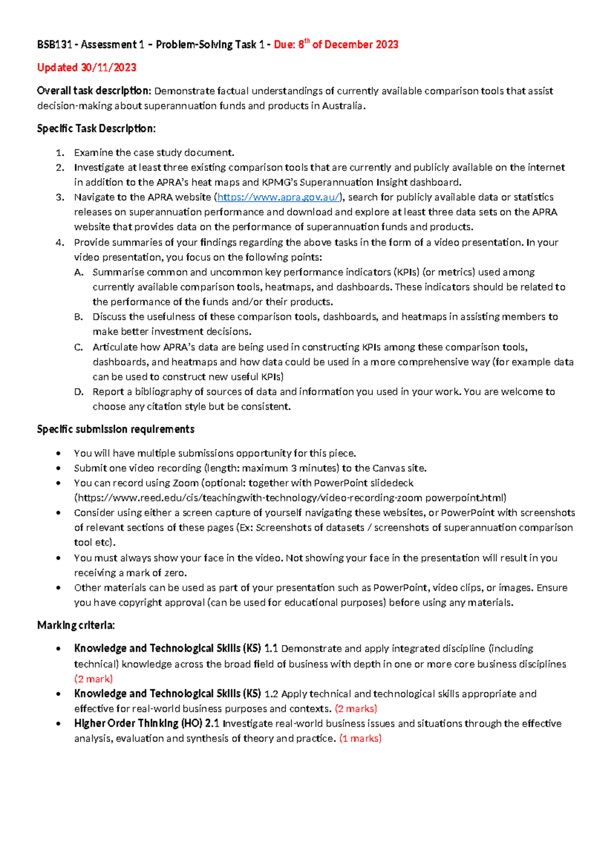 BSB131 Problem Solving Task 1 (Summer 2023) updated 30112023 - BSB131 - Assessment 1 – - Studocu