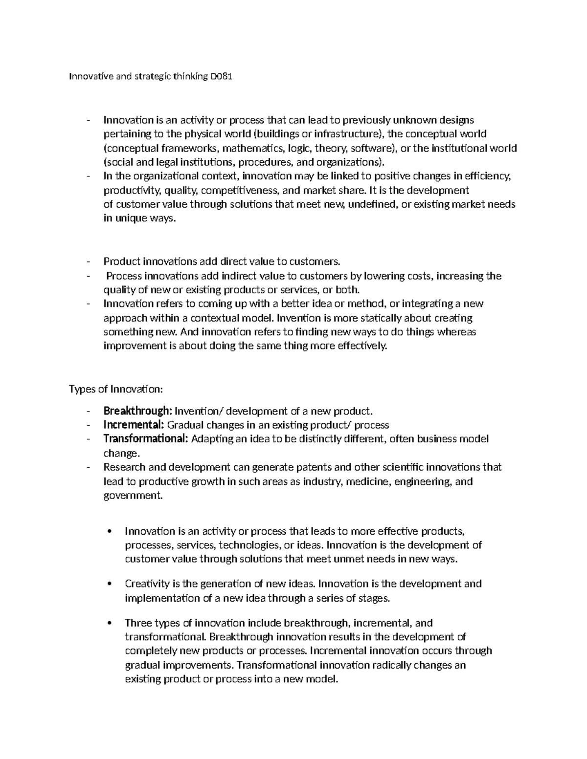 My notes Innovative and strategic thinking D081 - Innovative and ...
