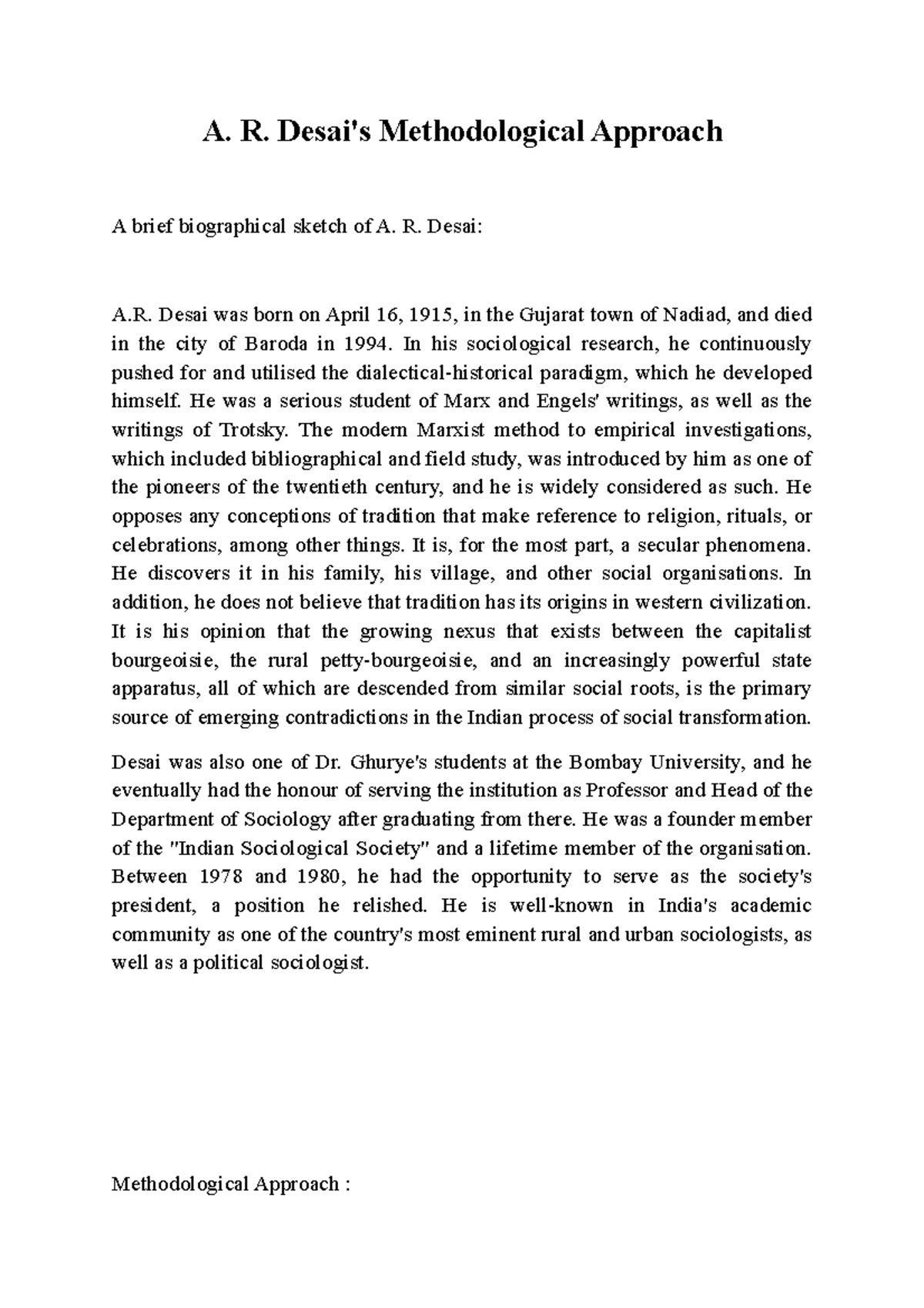 A. R. Desai's Methodological Approach - A. R. Desai's Methodological ...