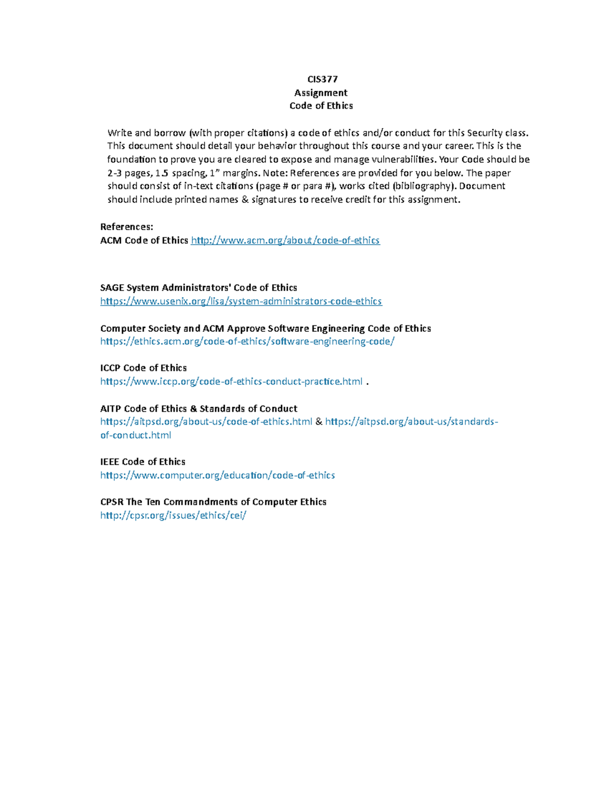 Assign ethics - Hw - CIS Assignment Code of Ethics Write and borrow ...