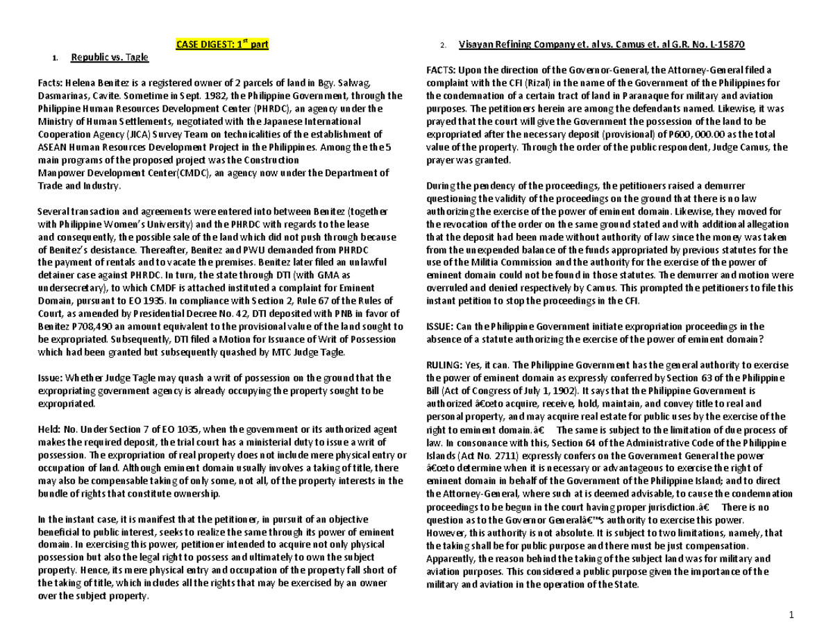 expropriation cases - CASE DIGEST: 1st part Republic vs. Tagle Facts ...