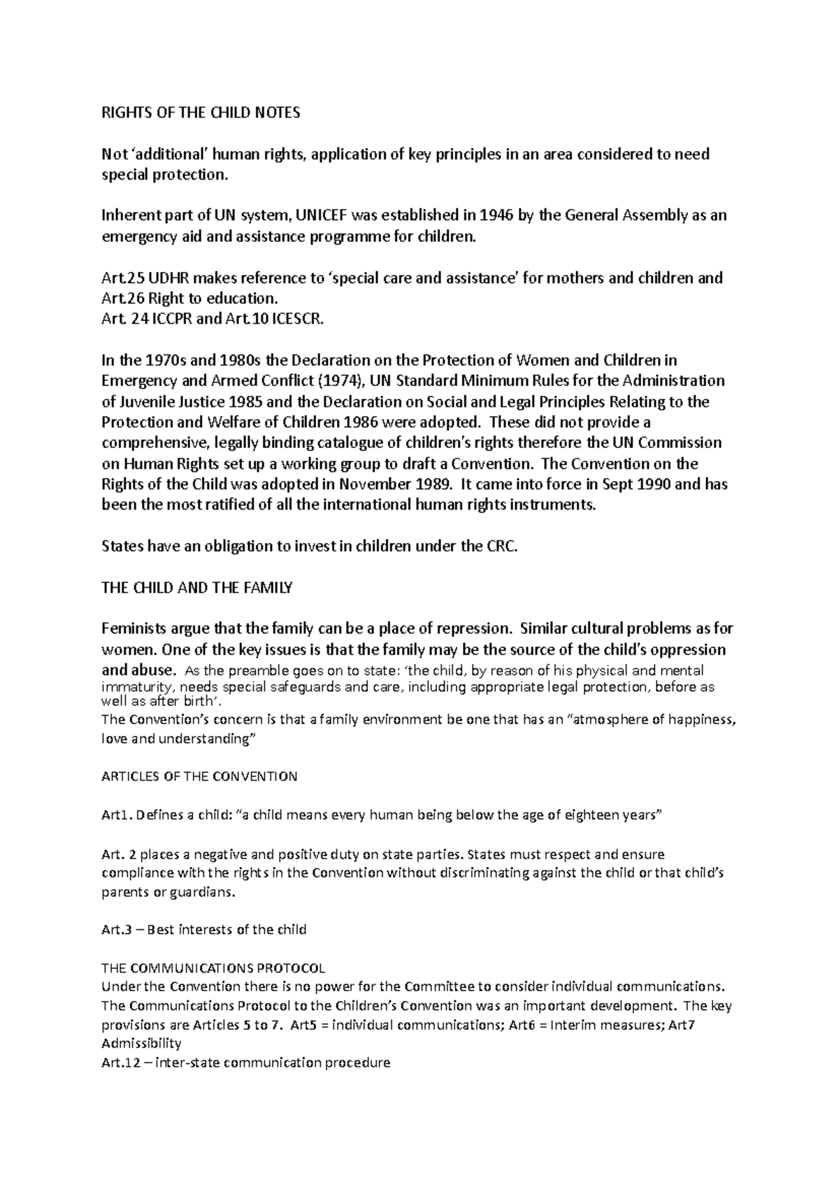 Rights OF THE Child Notes - RIGHTS OF THE CHILD NOTES Not ‘addi琀椀onal ...