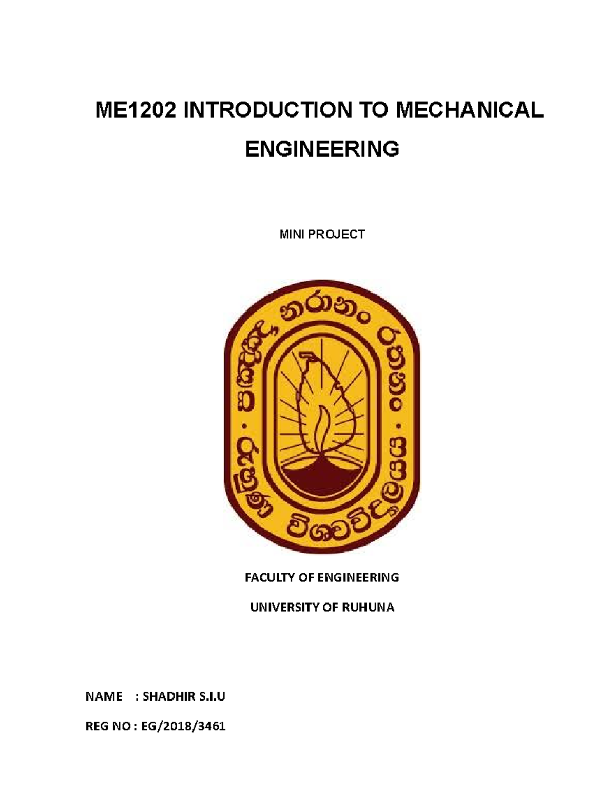 ME1202 Introduction TO Mechanical - ME1202 INTRODUCTION TO MECHANICAL ...