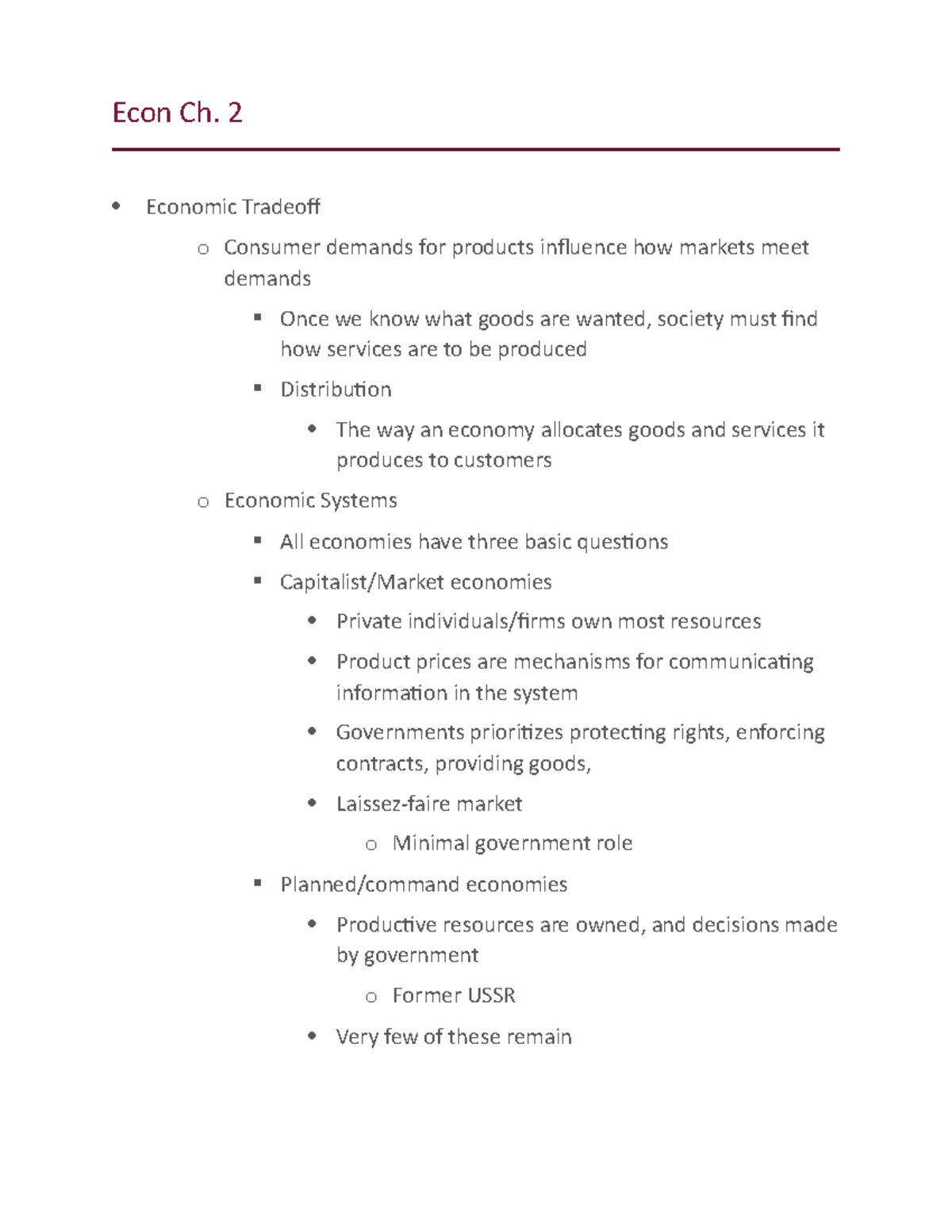 Econ Ch. 2 - Chapter 2 Notes - Econ Ch. 2 Economic Tradeof o Consumer ...