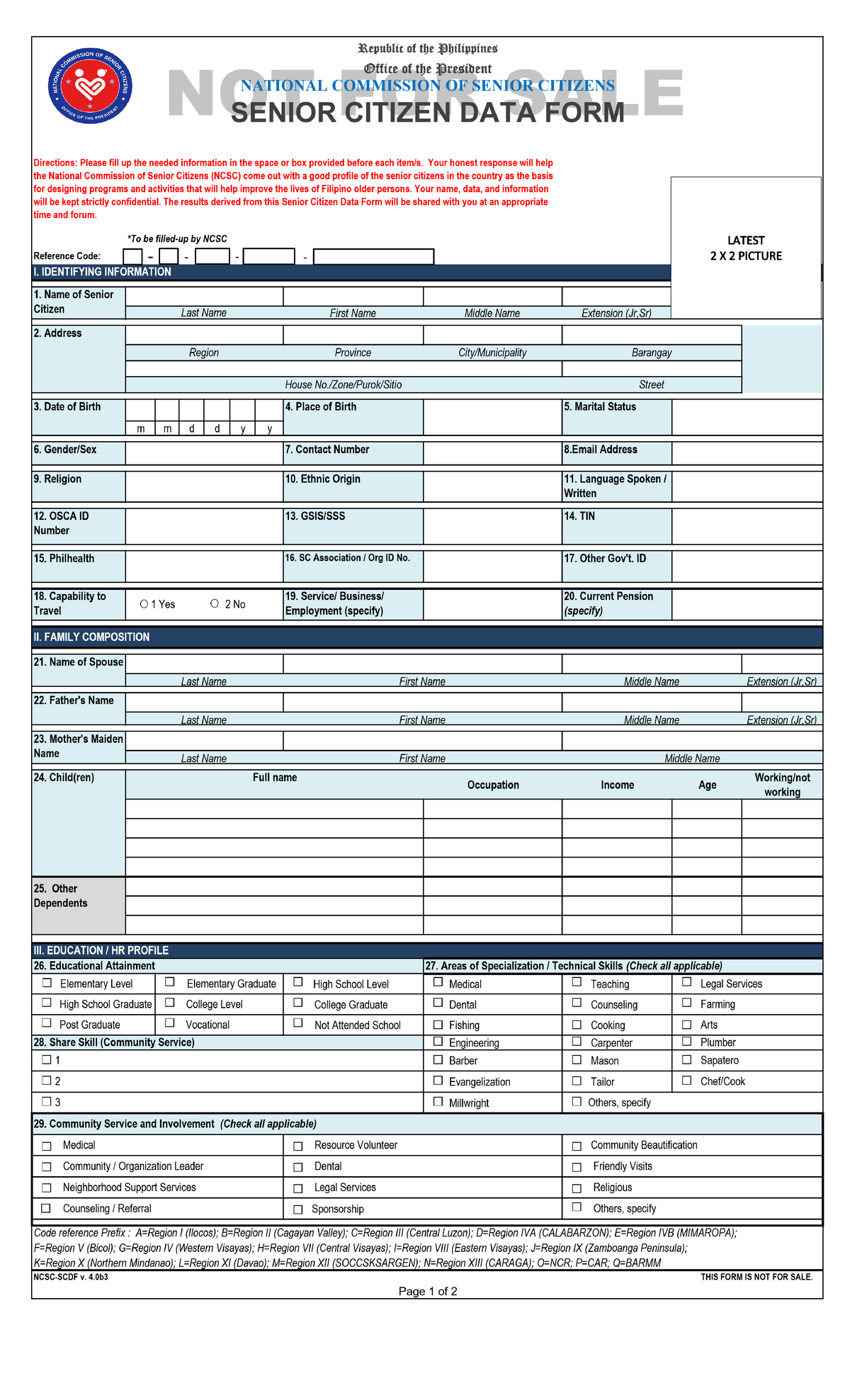 NSCS Registration Form - IV. DEPENDENCY PROFILE 30. Living/Residing ...