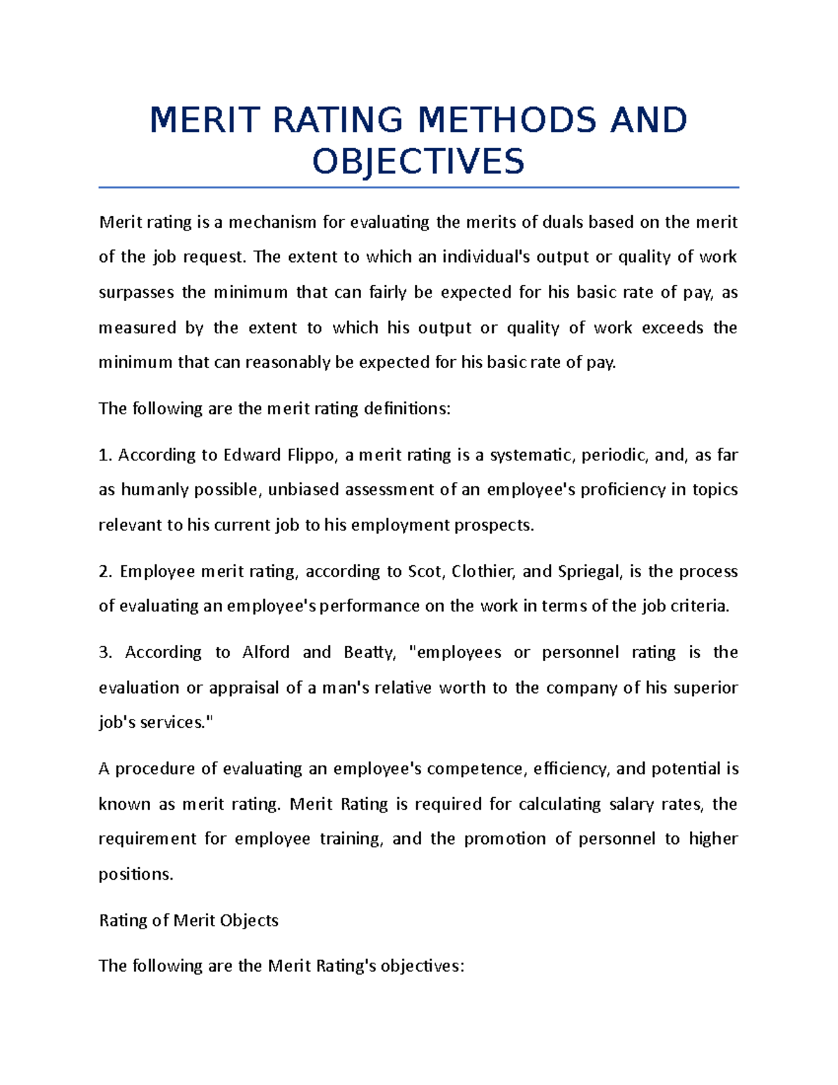 Merit Rating Methods AND Objectives MERIT RATING METHODS AND