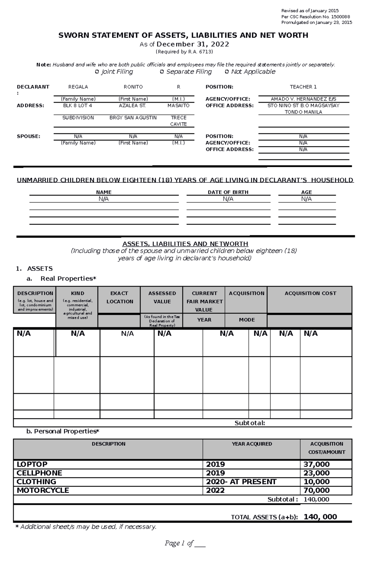 Updated SALN - wfwfv - Revised as of January 2015 Per CSC Resolution No ...