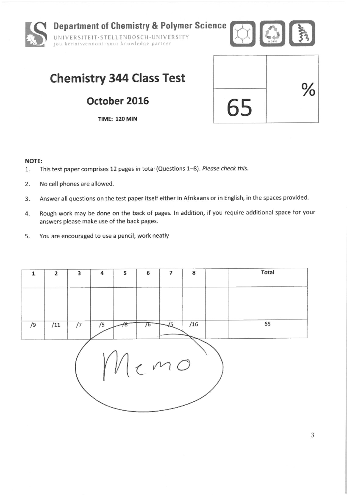 Class test 2016 memo - Department of Chemistry Polymer Science i Ll I i ...