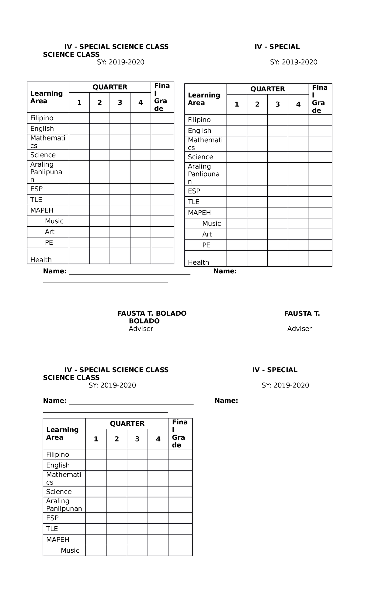 Card template Grade 4 - ... - IV - SPECIAL SCIENCE CLASS IV - SPECIAL ...